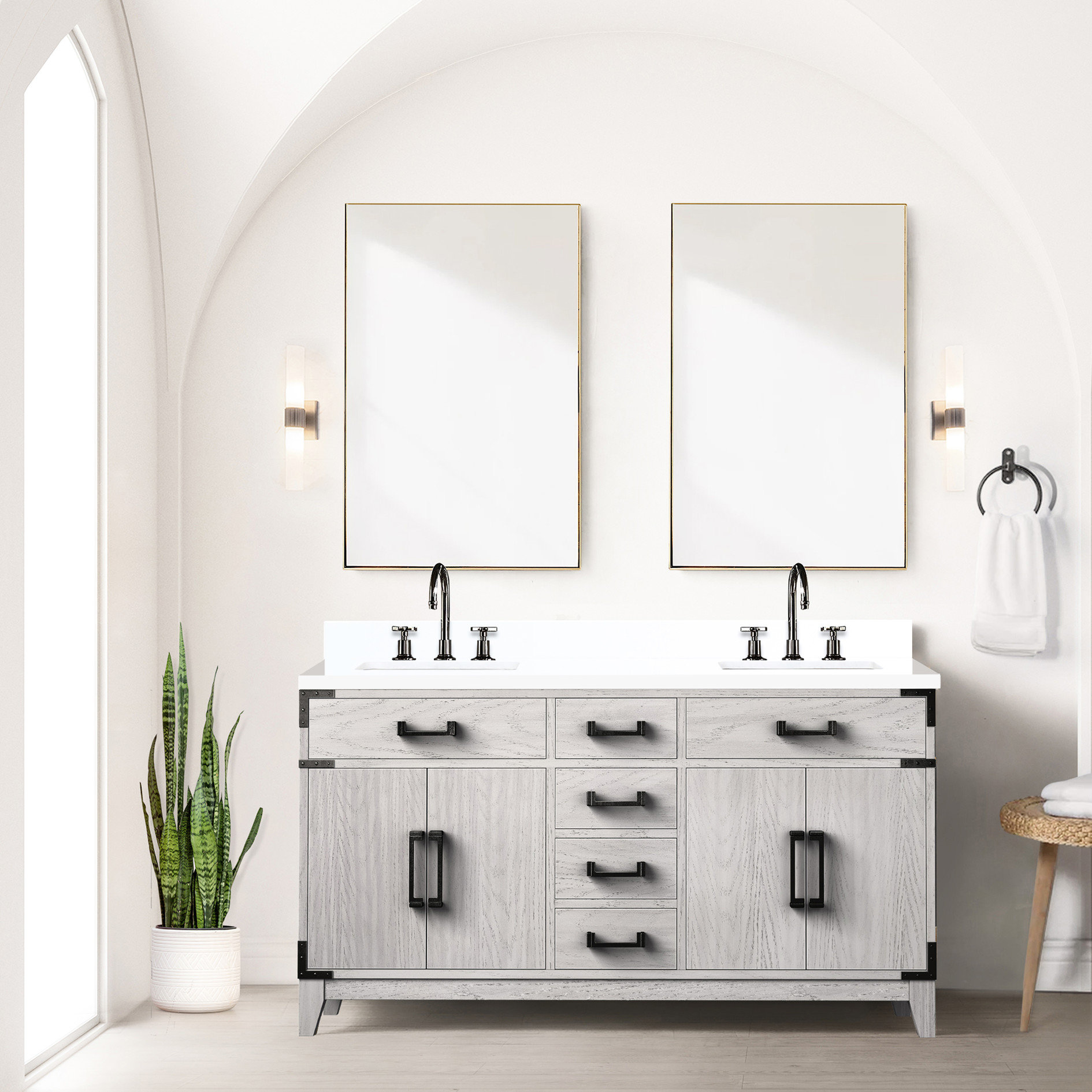 Red Barrel Studio® White Oak Double Bath Vanity 60" X 22" - Quartz Top, 28" Mirrors, Soft Close ...